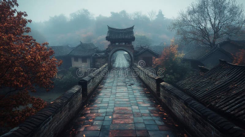 Ancient Stone Bridge Archway Misty Autumn Village Stock Illustration ...