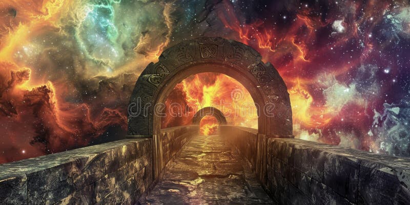 Ancient Stone Bridge Leading through Cosmic Archways into Nebula ...