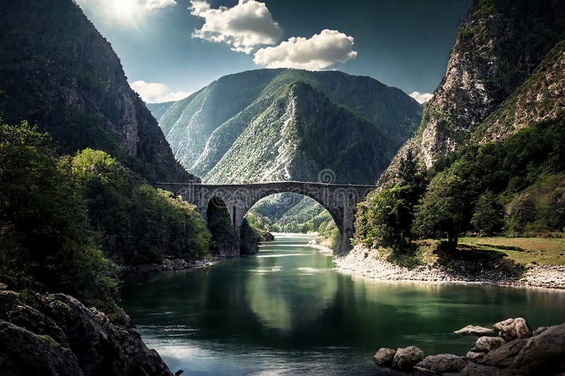 An Ancient Stone Bridge Over a Mountain River in the Mountains Against ...