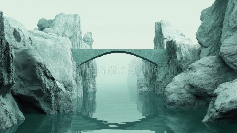 Ancient Stone Bridge Spanning Misty River between Rugged Cliffs Stock ...