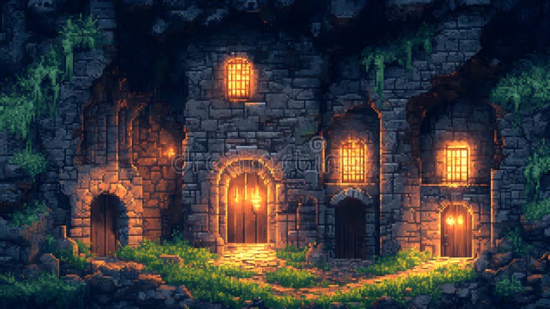 Ancient Stone Building Facade with Windows and Doors Illuminated by ...