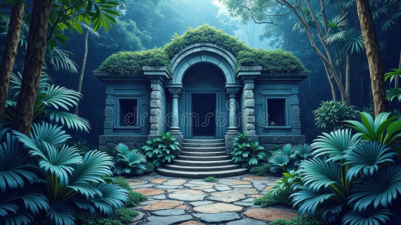 Ancient Stone Building in Lush Jungle with Dense Foliage and Mystic ...