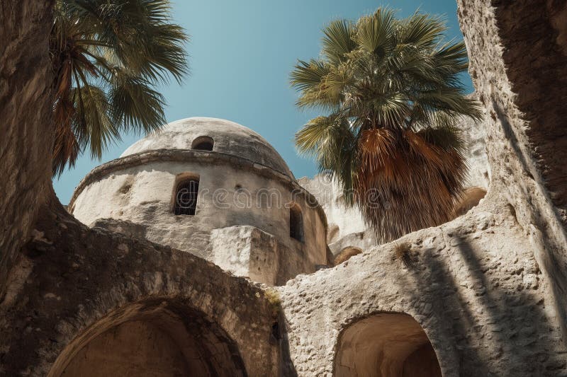 Ancient Stone Building with Palm Trees Stock Illustration ...