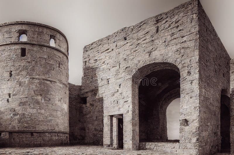 Ancient Stone Building with Tower and Arch Digital Illustration. Stock ...