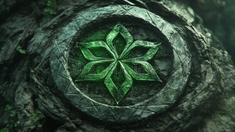 Ancient Stone Carving with Glowing Green Jewel Stock Illustration ...