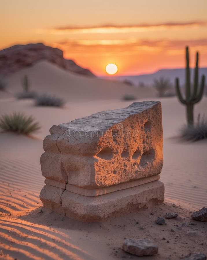 Ancient Stone Carving Rests in Desert Sunset Stock Image - Image of ...