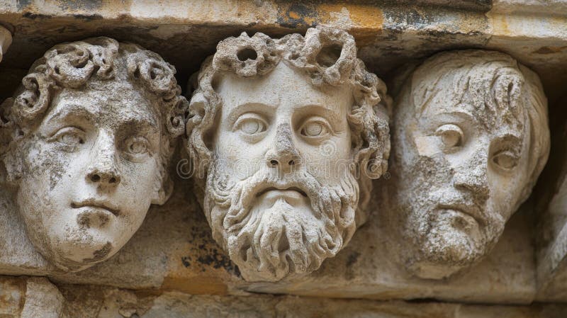 Ancient Stone Carvings Depict Three Weathered Faces Stock Illustration ...