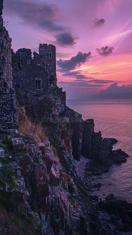 Ancient Stone Castle on a Cliffside at Sunset, Coastal View. Historical ...