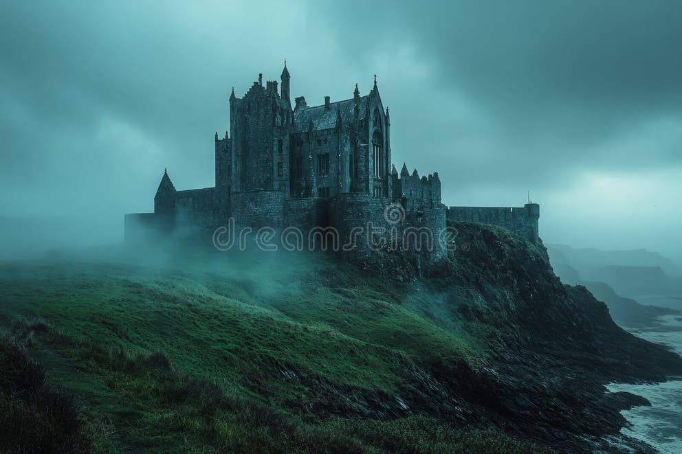 Ancient Stone Castle Enveloped by Dense Fog on a Grassy Hill Stock ...