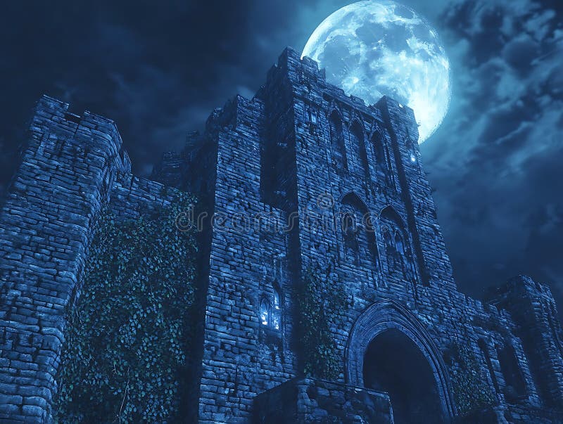 Ancient Stone Castle Illuminated by a Full Moon at Night Stock ...