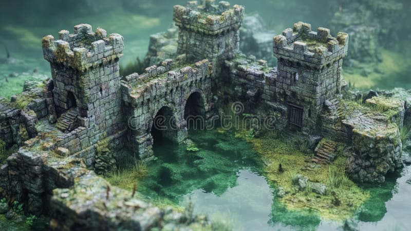 Ancient Stone Castle Ruins in Green Swamp Stock Illustration ...