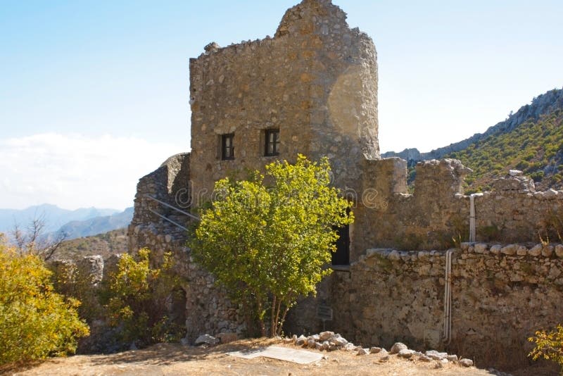 Ancient Stone Castle Ruins with Trees and Distant Landscape Stock Photo ...