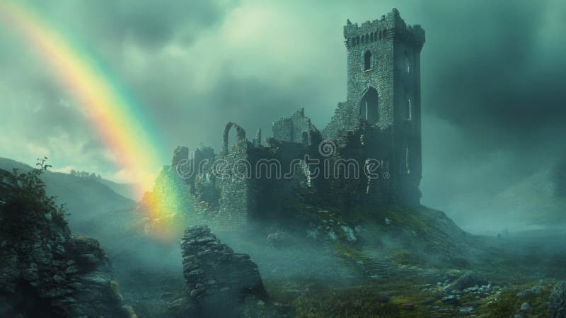 Ancient Stone Castle Ruins Under a Rainbow Stock Illustration ...
