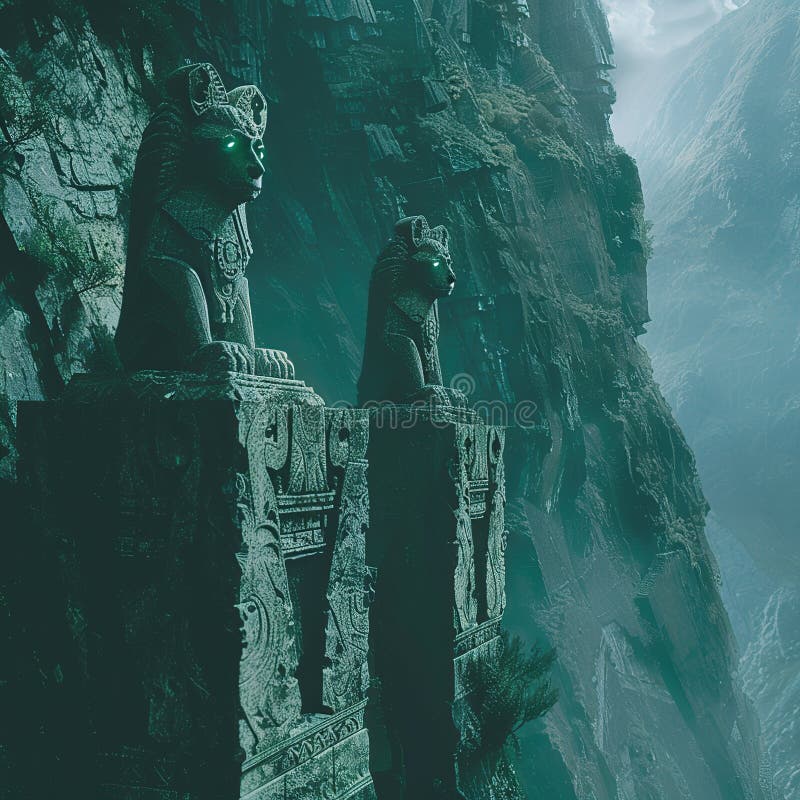 Ancient Stone Cat Statues Perched on a Cliff Overlooking a Misty Valley ...