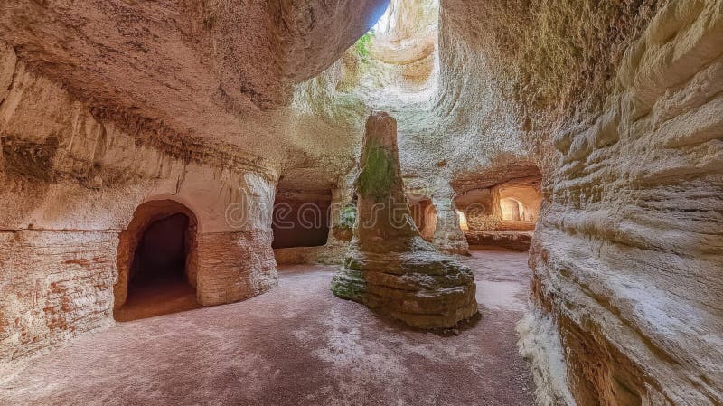 Ancient Stone Cave Interior with Carved Rock Formations Stock ...
