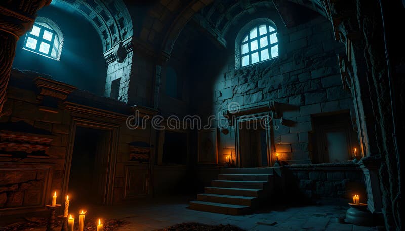 Ancient Stone Chamber Illuminated by Candlelight and Windows Stock ...