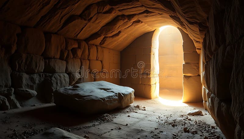 Ancient Stone Chamber with Sunlight Streaming through Doorway and Large ...