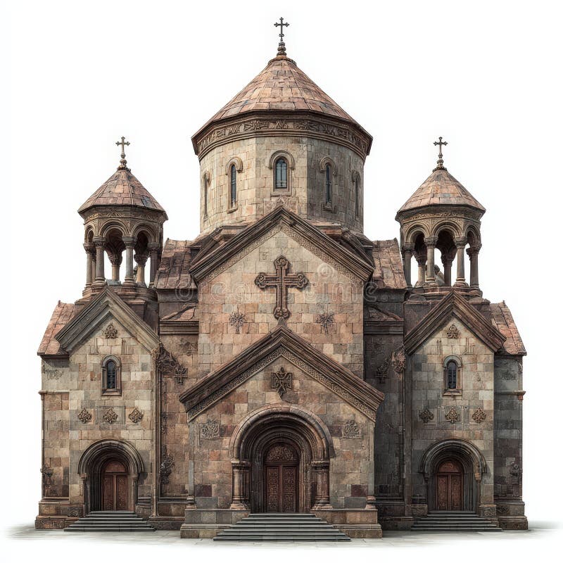 Ancient Stone Church Building with Multiple Domes on White Background ...