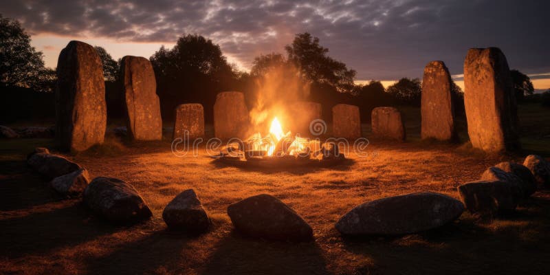 An Ancient Stone Circle Altar Surrounded by Fire Stock Illustration ...