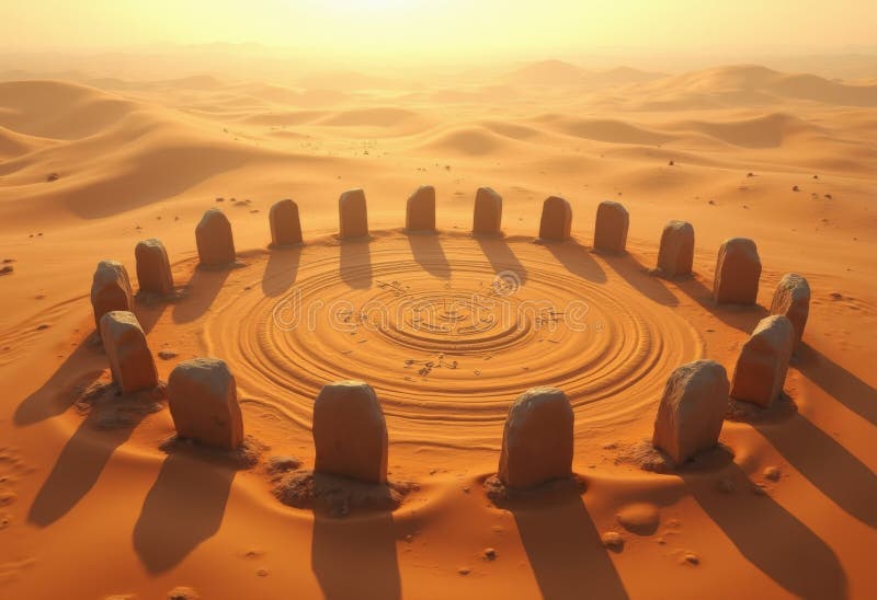 Ancient Stone Circle in a Desert Landscape at Sunset, Casting Long ...