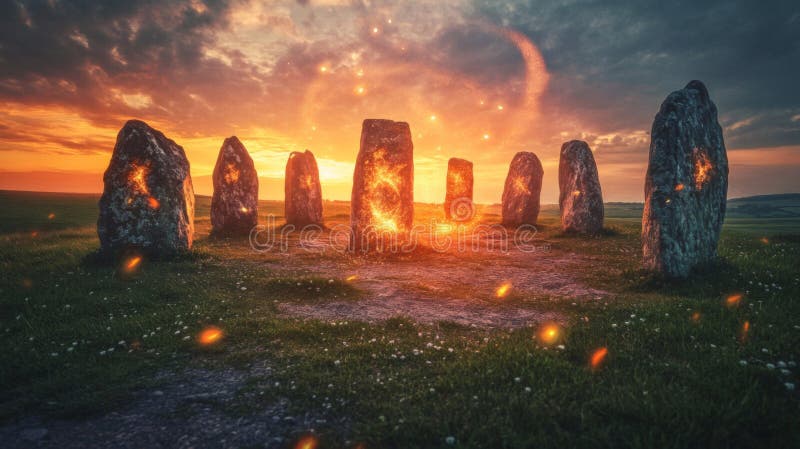 Ancient Stone Circle Glowing with Mystical Light at Sunset Stock ...