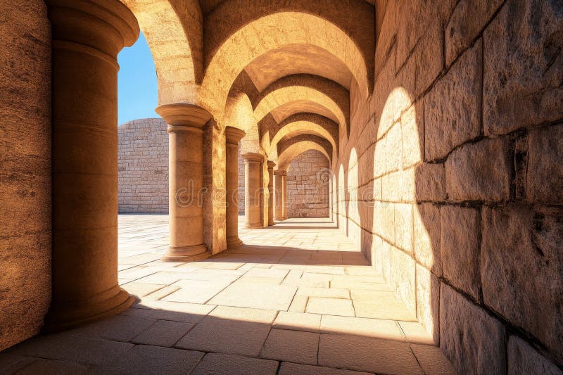 Ancient Stone Colonnade Pathway Sunlit Pathway through a Stone ...