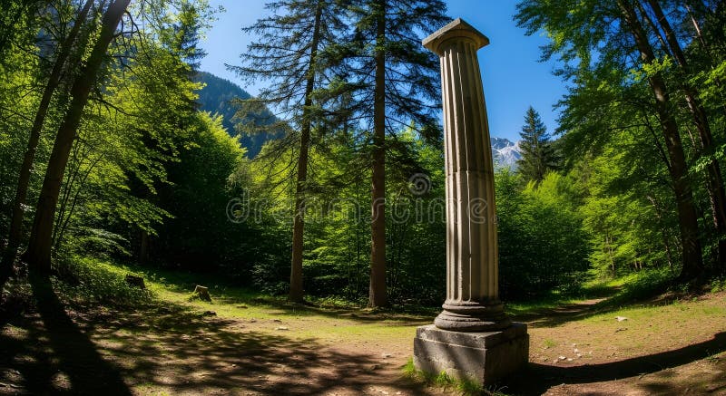 Ancient Stone Column in a Verdant Forest Setting with Distant Mountains ...