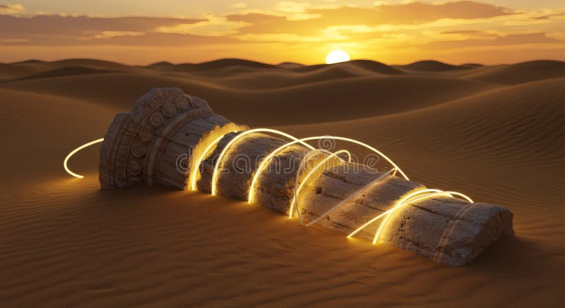 Ancient Stone Column Wrapped in Glowing String Lights Stands Alone in a ...