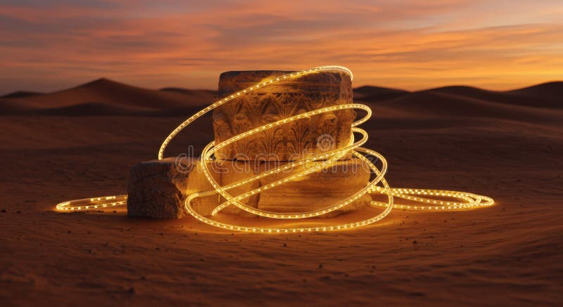 Ancient Stone Column Wrapped in Glowing String Lights Stands Alone in a ...