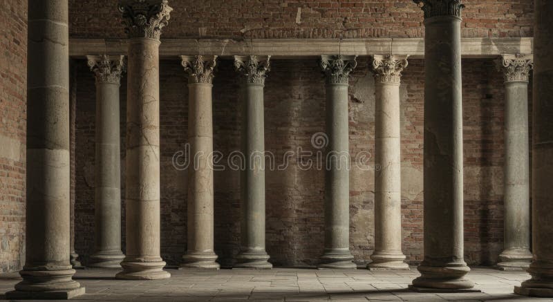 Ancient Stone Columns in a Brick Hall Stock Illustration - Illustration ...
