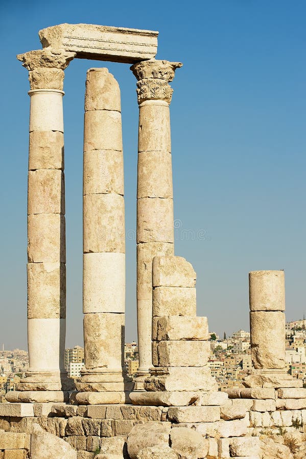 Ancient Stone Columns at the Citadel of Amman with the Blue Sky at the ...