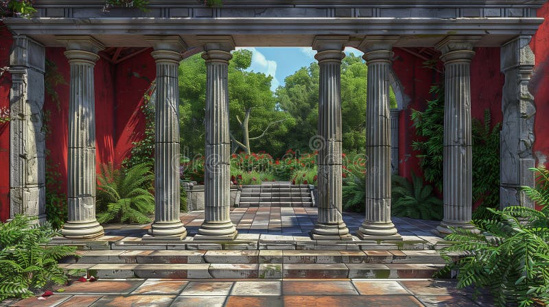 Ancient Stone Columns in Lush Garden Setting Stock Illustration ...