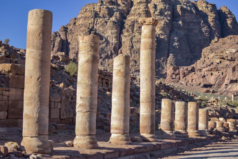 Ancient Stone Columns on the Side of a Road in Petra Stock Photo ...