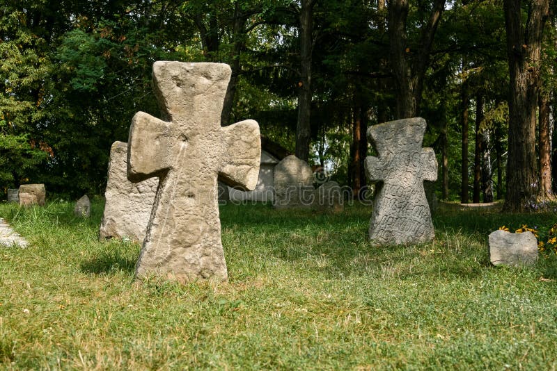 Ancient Crosses of Stone on Hill and with Fund at Dusk Stock Photo ...