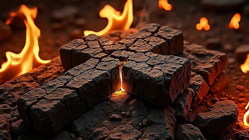 Ancient Stone Crucifix, Surrounded by Wild, Chaotic Flames, Cracks ...