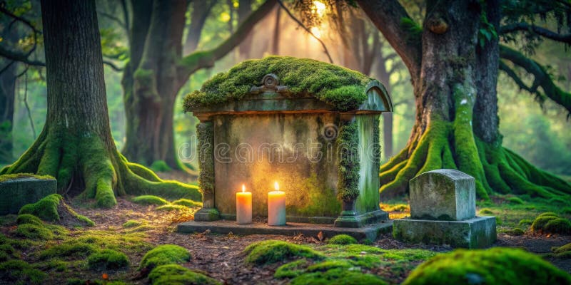 Ancient Stone Crypt in a Mossy Forest with Lit Candles at Sunset ...