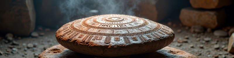 Ancient Stone Disc with Intricate Patterns in a Mystical Cave Setting ...