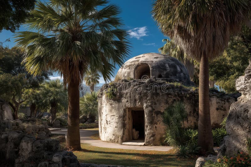Ancient Stone Dome Structure in a Lush Palm Tree Stock Illustration ...