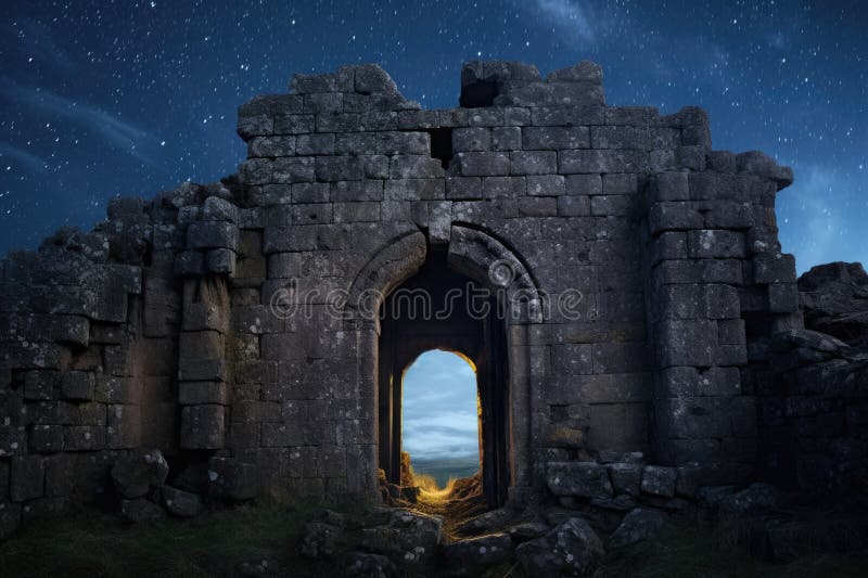 Ancient Stone Door Against a Starry Night Sky Stock Photo - Image of ...