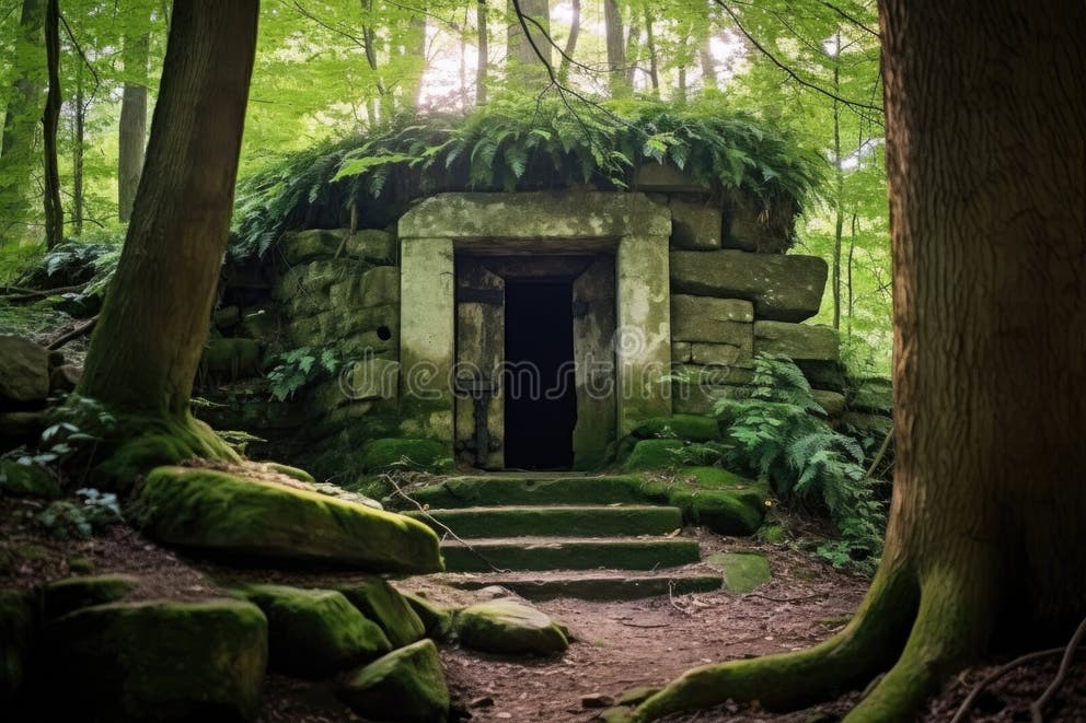 Ancient Stone Door in a Tranquil Forest Setting Stock Illustration ...