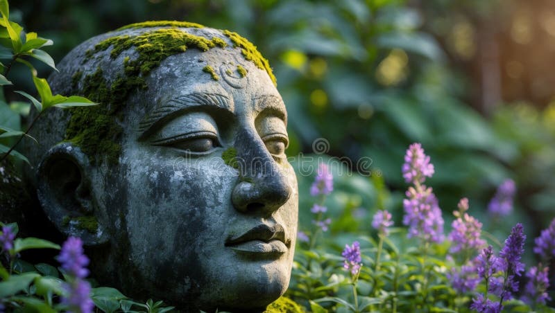 Ancient Stone Face Sculpture in a Garden Setting Stock Photo - Image of ...