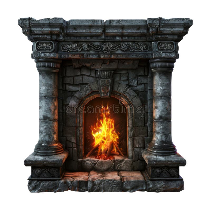Ancient Stone Fireplace with Burning Fire Stock Image - Illustration of ...