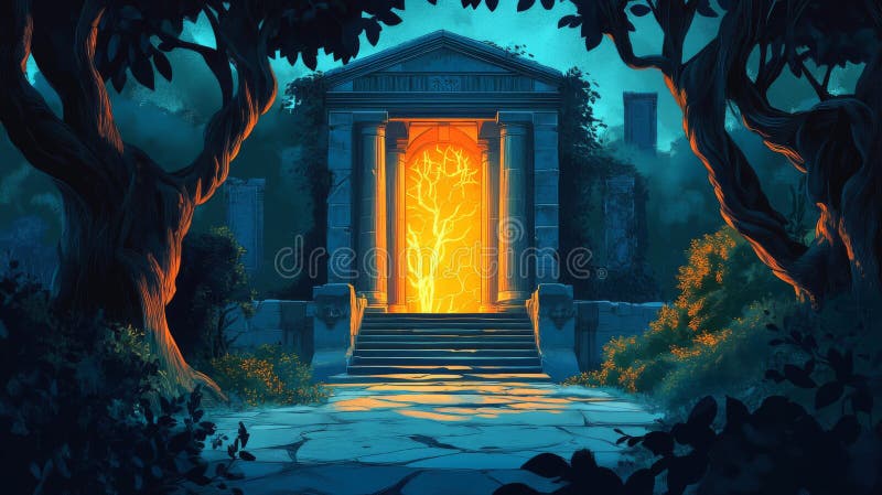 Ancient Stone Gate Glowing Orange in Dark Forest at Night Stock ...