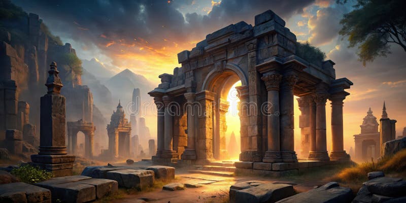 Ancient Stone Gateway at Sunset in a Misty Mountain Valley. Generative ...