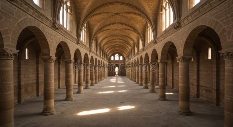 Ancient Stone Hall with Sunlight Streaming through Arches Stock ...