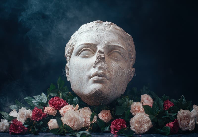 Ancient Stone Head Sculpture Surrounded by Red and Pink Roses Stock ...