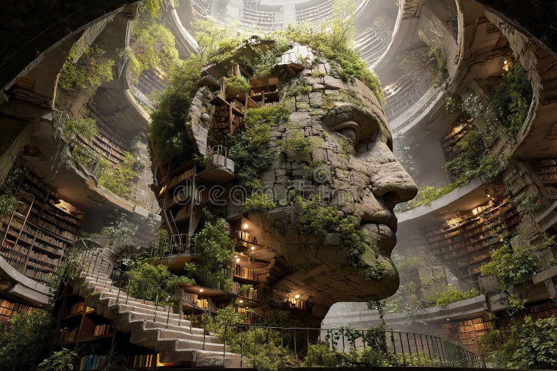 Ancient Stone Head in Underground Library Interior Stock Illustration ...