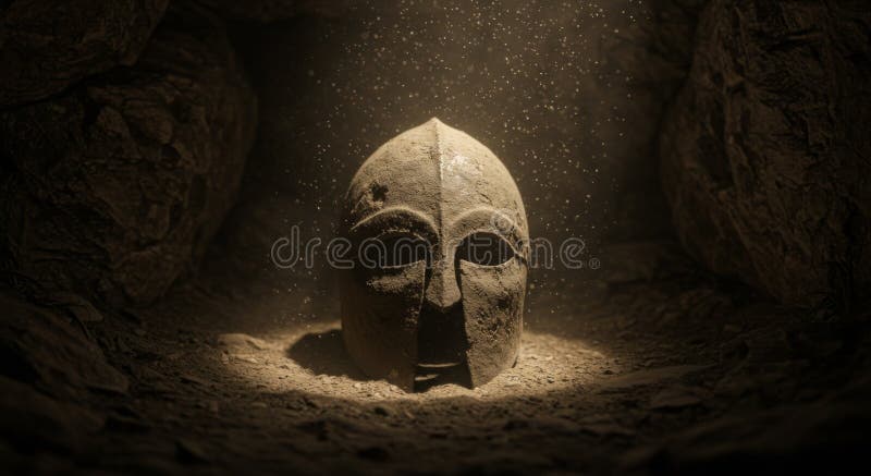 Ancient Stone Helmet in Dark Cave Setting Stock Illustration ...