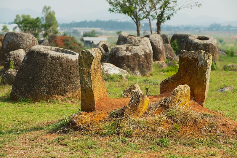 Ancient Stone Jars in a Plain of Jars in Phonsavan, Laos. Stock Photo ...