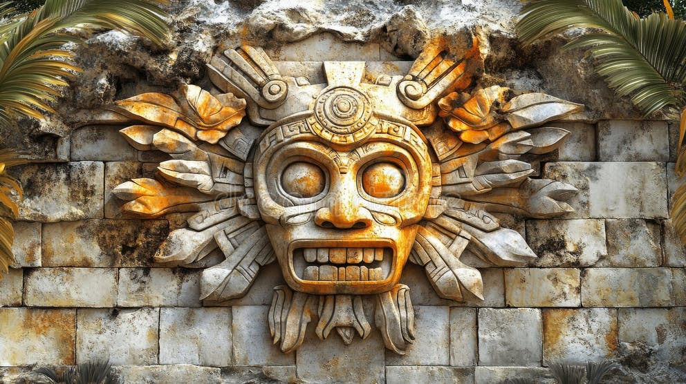 Ancient Stone Mask Carving on Weathered Wall Stock Illustration ...